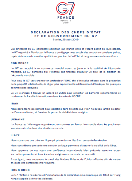 Declaración final del G7 2019 en Biarritz – Geopolítica HOY